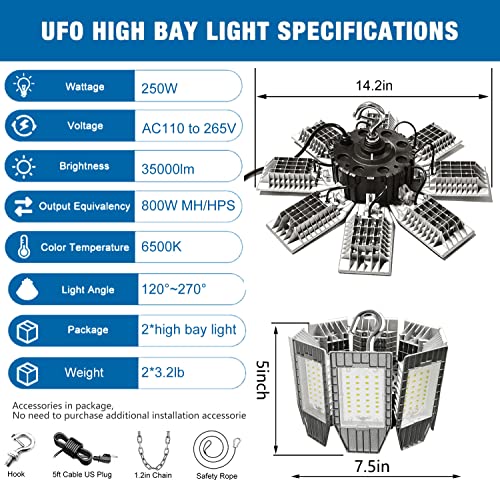 Fucoda 250W LED High Bay Light 35,000LM Industrial Commercial LED Shop Light with 5β Cables Plug High Bay LED Lights for Commercial Warehouse Workshop Garage Factory Barn Low Bay Area Light- 2 Pack