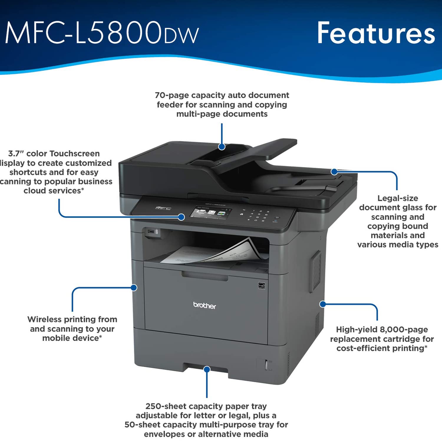 Brother MFC-L5800DWA Wireless All-in-One Monochrome Laser Printer, Grey - Print Copy Scan Fax - 42 ppm, 1200 x 1200 dpi, Auto Duplex Printing, 70-Sheet ADF, 3.7" Touchscreen LCD, Ethernet, Tillsiy