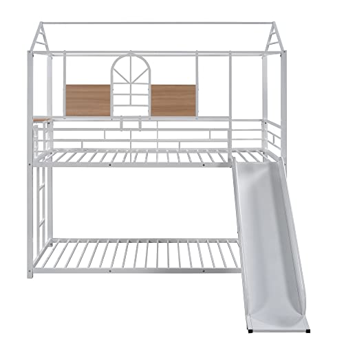 Lostcat House Bunk Bed with Slide and Slide,Twin Over Twin Bunk Bed with Safety Guardrails and Roof Design for Kids, Teens, Girls, Boys,No Box Spring Required,White