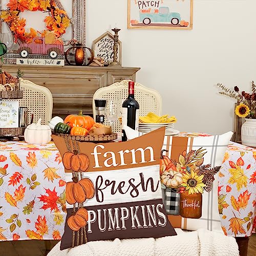 GEEORY Fall Pillow Covers 18 x 18 Inch Set of 4, Happy Fall Y'all Stripes Pumpkins Mason Jar Thankful Decor, Cushion Cases for Farmhouse Home Party Sofa Couch (Brown) G355-18