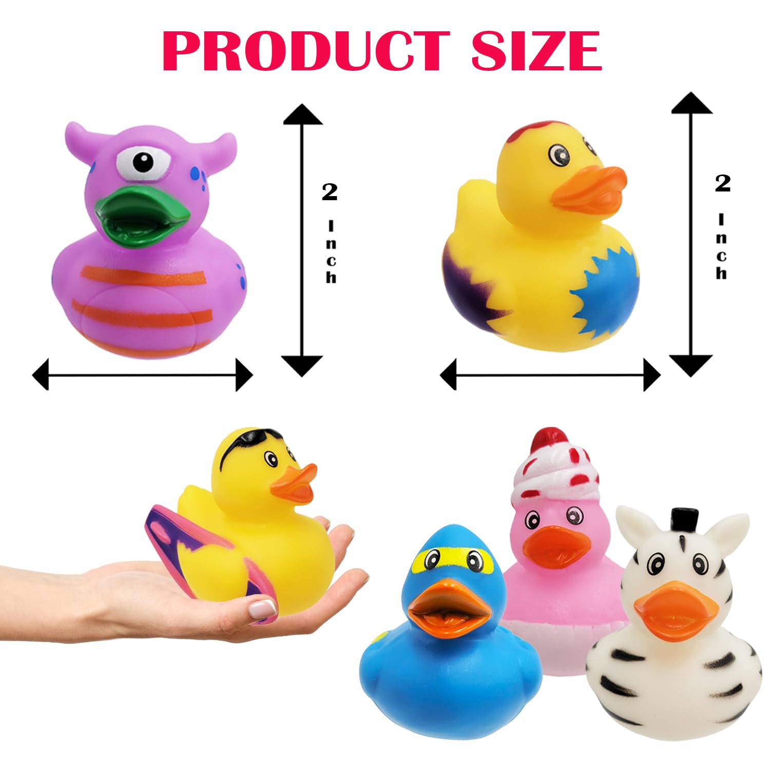 Chochkees Assorted Rubber Ducks Toy Duckies for Kids and Toddlers, Bath Birthday Baby Showers Classroom, Summer Beach and Pool Activity, 2" Inches (100-Pack)
