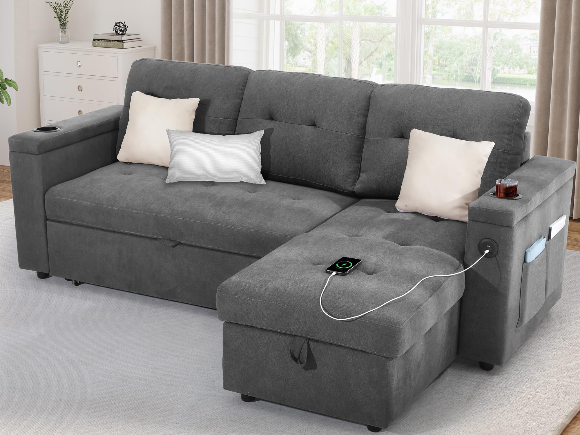 DWVO L-Shaped Sectional Sofa Bed, Sleeper Sofa with Pullout Couch, USB Ports, and Storage Chaise - Reversible Sleeper Couch for Small Apartments, Living Room Gray