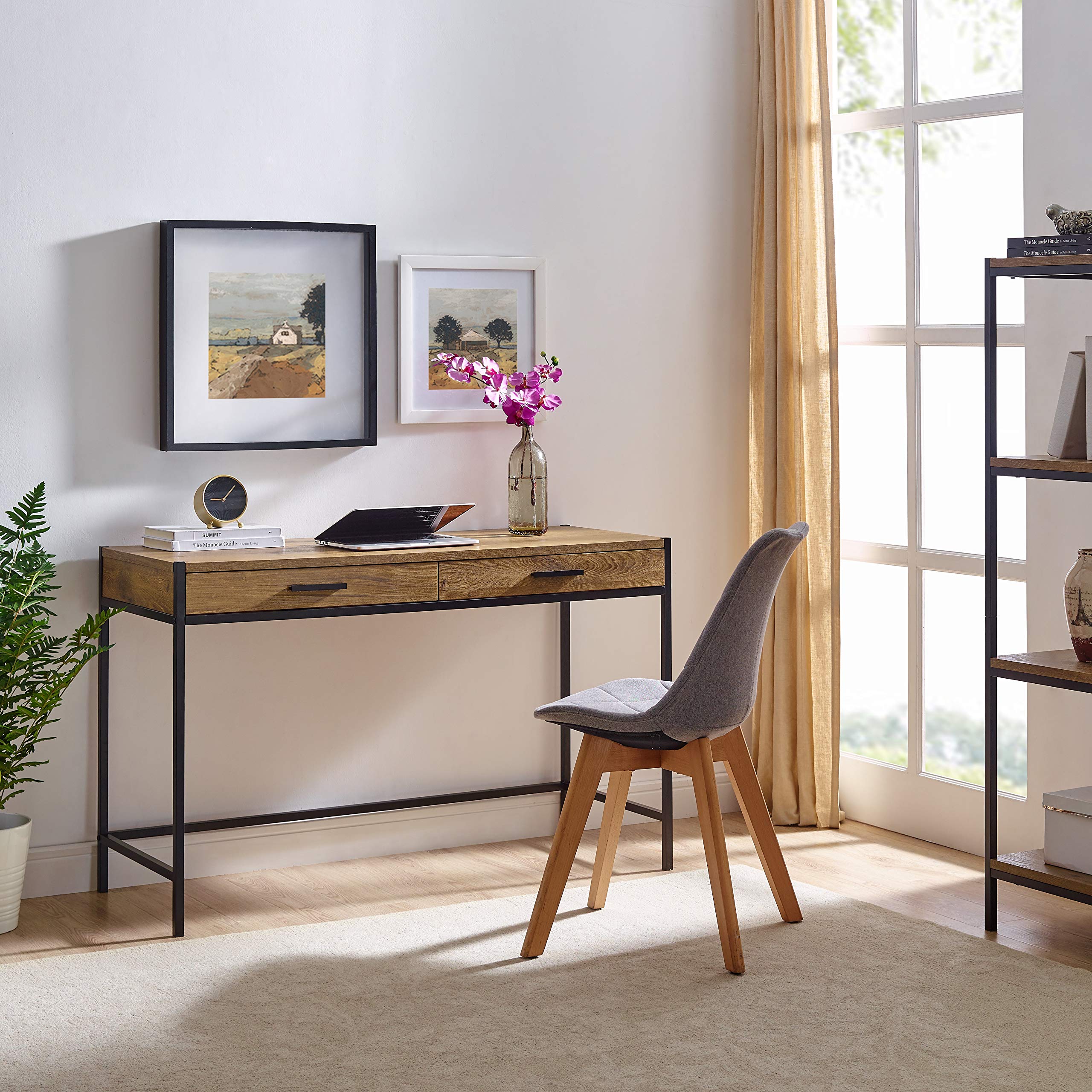 Caffoz 48" Writing Desk | Study Computer Desk | Brown Mahogany | Laptop PC Table Workstation with 2 Drawers for Home Office | Storage Space Saver