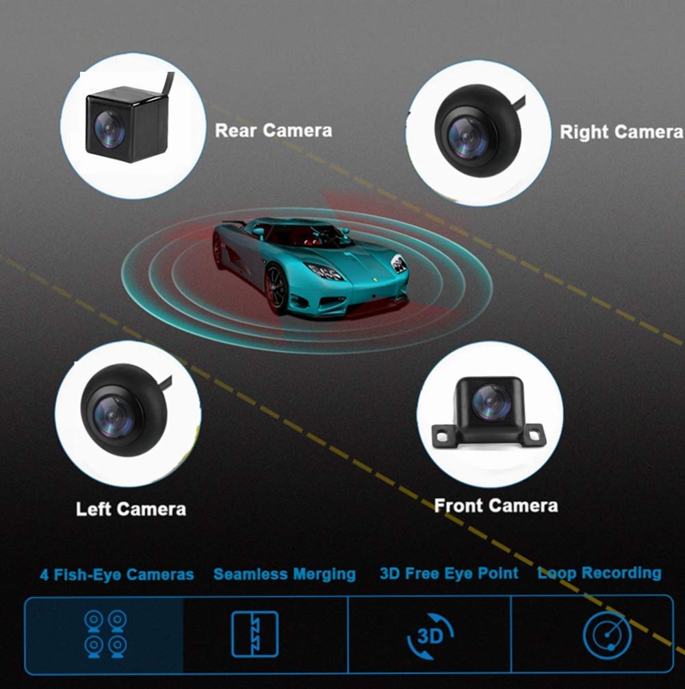 CarThree 360 Degree Bird View System Waterproof Seamless 4 Camera Car DVR Universal All Round View Camera System with Super Hd 1080P Night Vision for All Car