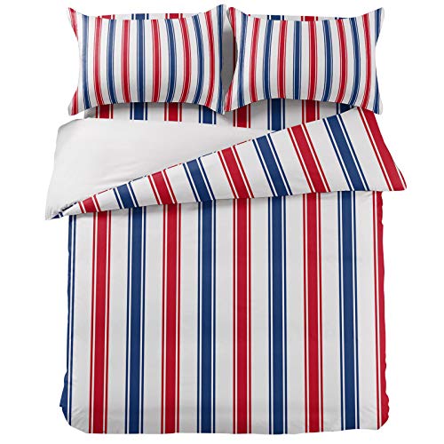 Independence Day California King Duvet Cover Set 4 Pieces Modern Geometric Striped Print Bedding Sets, Soft Quilt Covers with Zipper Closure and 1 Bed Sheets 2 Pillow Shams Colorful Blue Red White