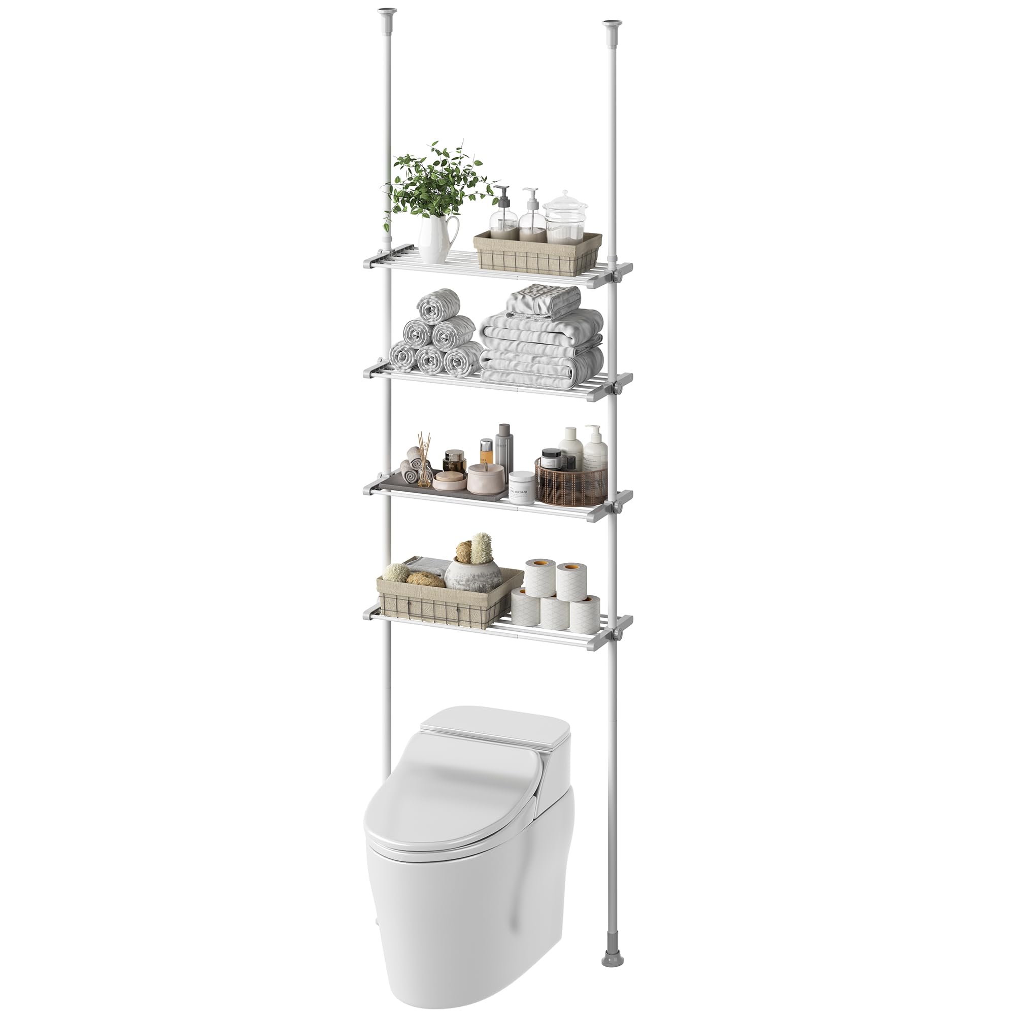 DYN Ptah 4-Tier Over Toilet Bathroom Organizer Floor to Ceiling, Over The Toilet Storage Rack with Tension Poles/Shelves, Adjustable Height, Width and Position, Metal Grey