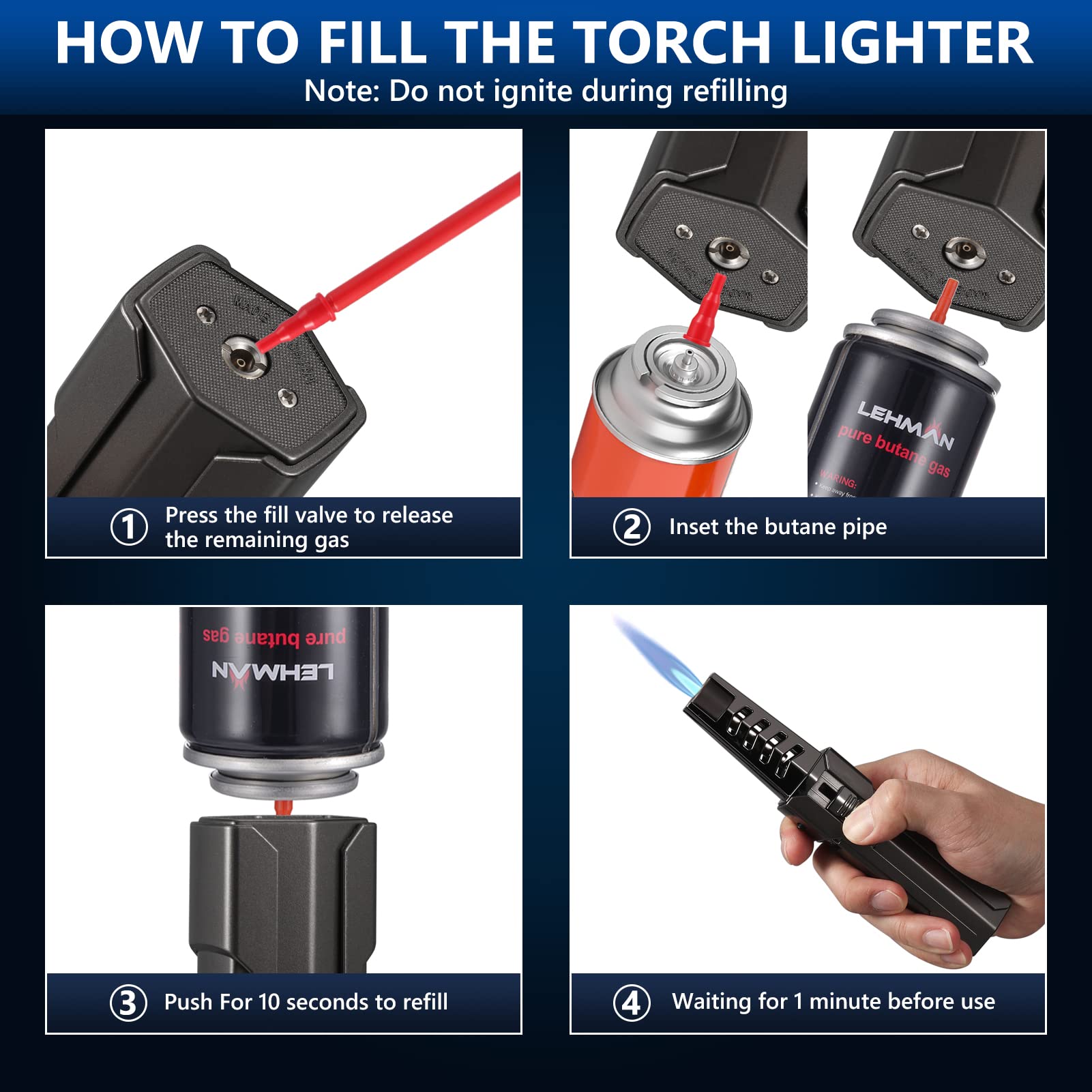 Butane Torch, Refillable Kitchen Torch Lighter with Safety Lock Adjustable Flame Solar Beam Torch Blow Torch with Safety Lock for BBQ Baking Fireplace (Butane Gas Not Included) (Black-2)