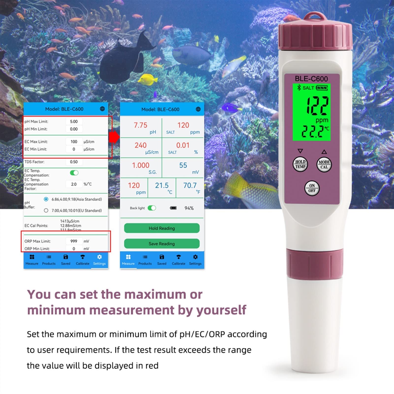 Digital Tester Blue Tooth-Compatible Water Quality Pen 7 in 1 PH EC TDS ORP Salt S.G Temp Meter APP Intelligent Control Tester