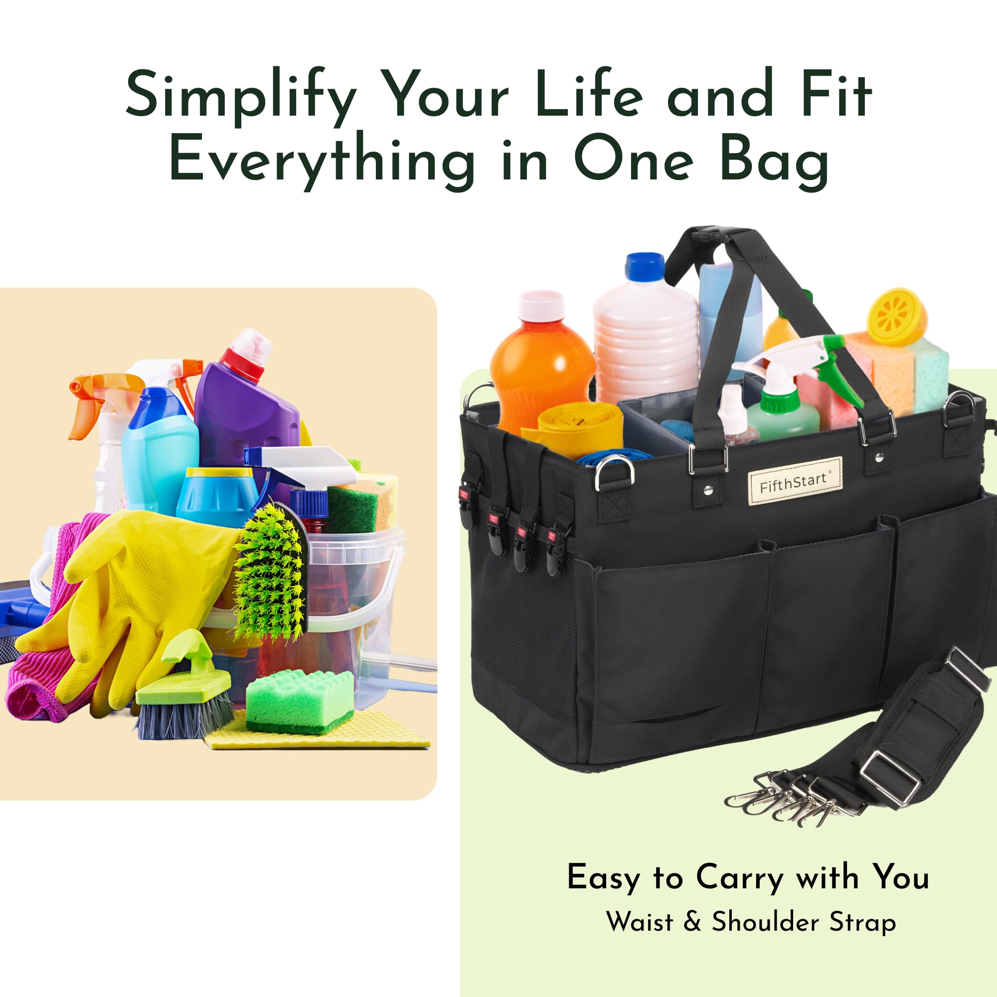 FifthStart Multiuse Cleaning Caddy with Waist & Shoulder Strap - Professional 9 Pockets Tote Bag for Housekeeping Diaper Gardening Fishing Beach Bathroom Organizer Adjustable Compartments, Black Large