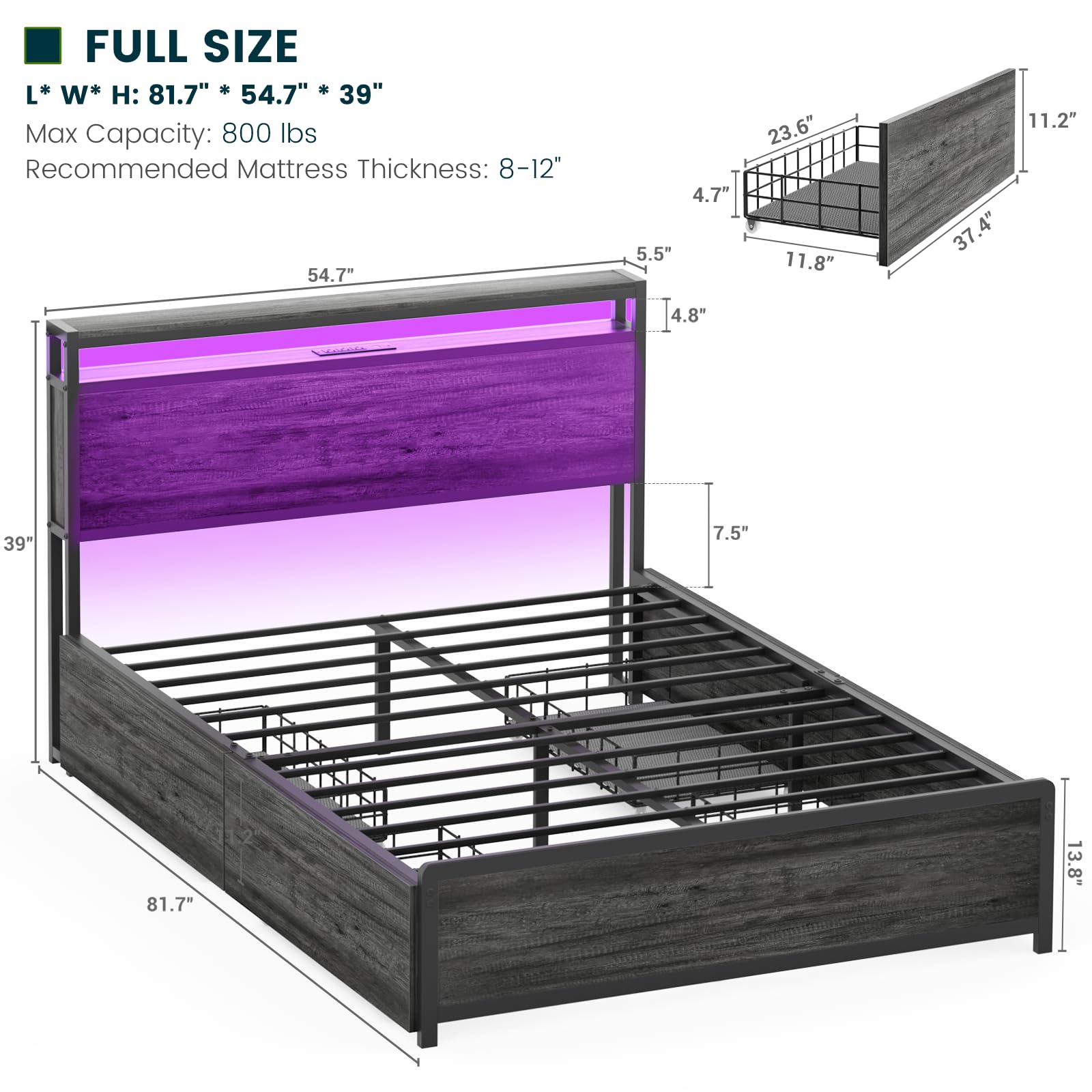 Homieasy King Size Bed Frame with 4 Storage Drawers and Charging Station, Sturdy Platform Bed with Storage Headboard and LED Light, No Box Spring Needed, Easy Assembly, Black