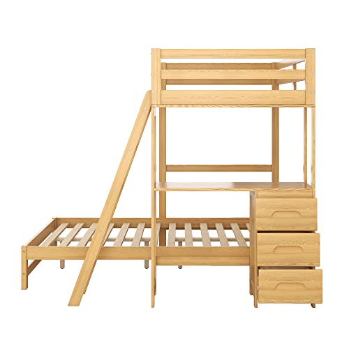 KoiHome Twin Over Full Bunk Bed with Built-in Desk and Three Drawers, Wood Bunk Bed with Full-Length Guardrail & Solid Slat Support for Kids,Teens Bedroom, No Box Spring Needed, Natural
