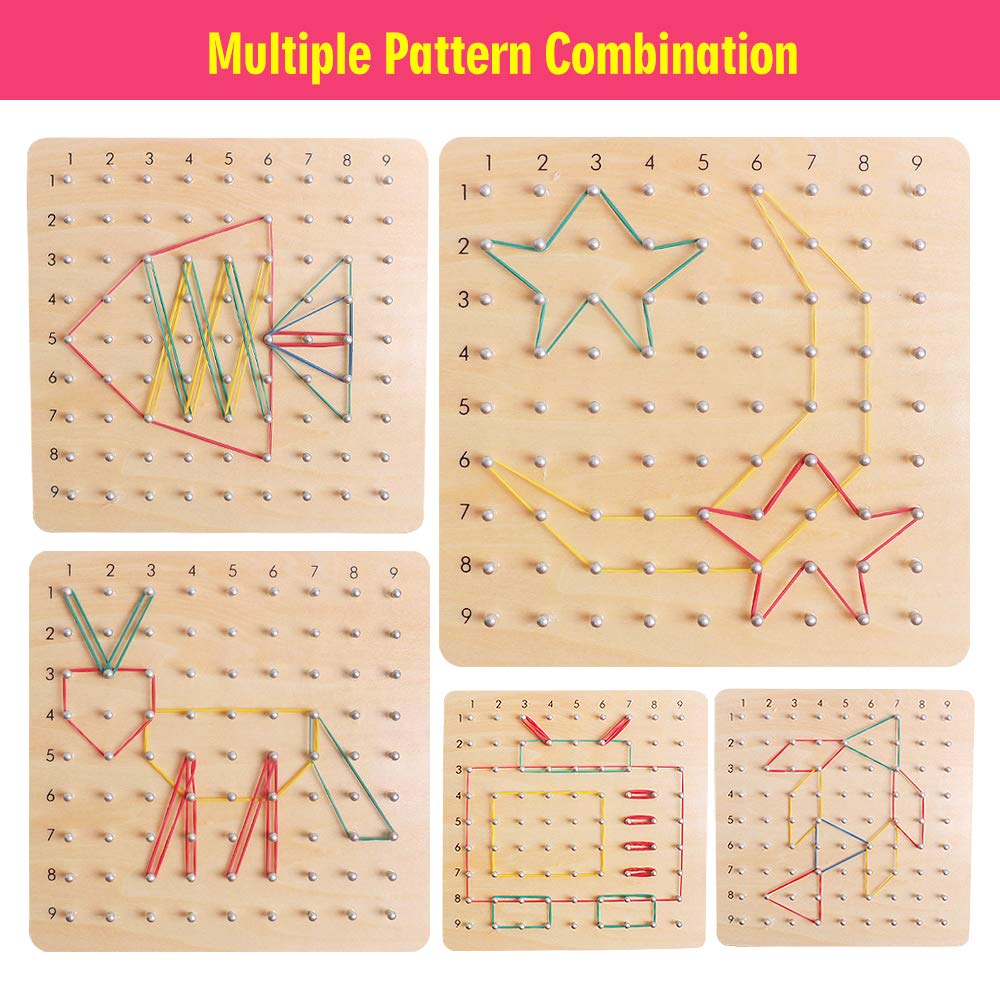 Skrtuan Wooden Geoboard with Rubber Bands, Montessori Educational Toy for Kids, Pattern Block Geo Board with Pattern Cards and Rubber Bands Create to Figures Shape STEM Puzzle Matrix Brain Teaser