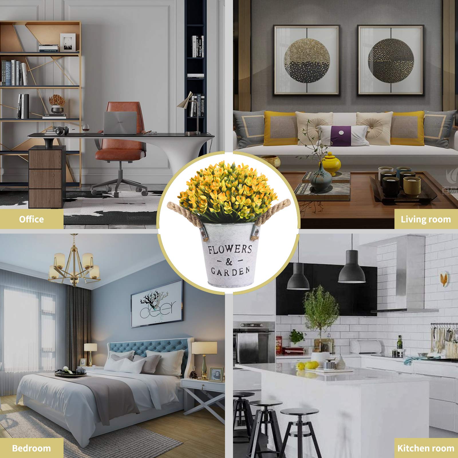 OUIVIAL Artificial Potted Plants - Medium Potted Plants Fake Plastic Flower Eucalyptus Leaves Plants with White Metal Basin for Home, Kitchen, Indoor Outdoor Decor. (Yellow Artificial Potted Plants)