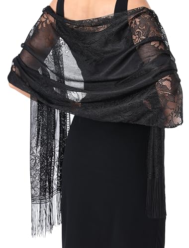 BRYCTSISEN Women’s Floral Lace Shawls and Wraps for Evening Dress Fringe Lace Pashmina Scarf for Wedding Costume Party (Black)