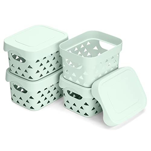 Navaris Plastic Storage Baskets with Lids (Set of 4) - 8.7" L x 6.9" W x 5.1" H - Stackable Basket Organizing Containers Bins with Lid - Mint Green