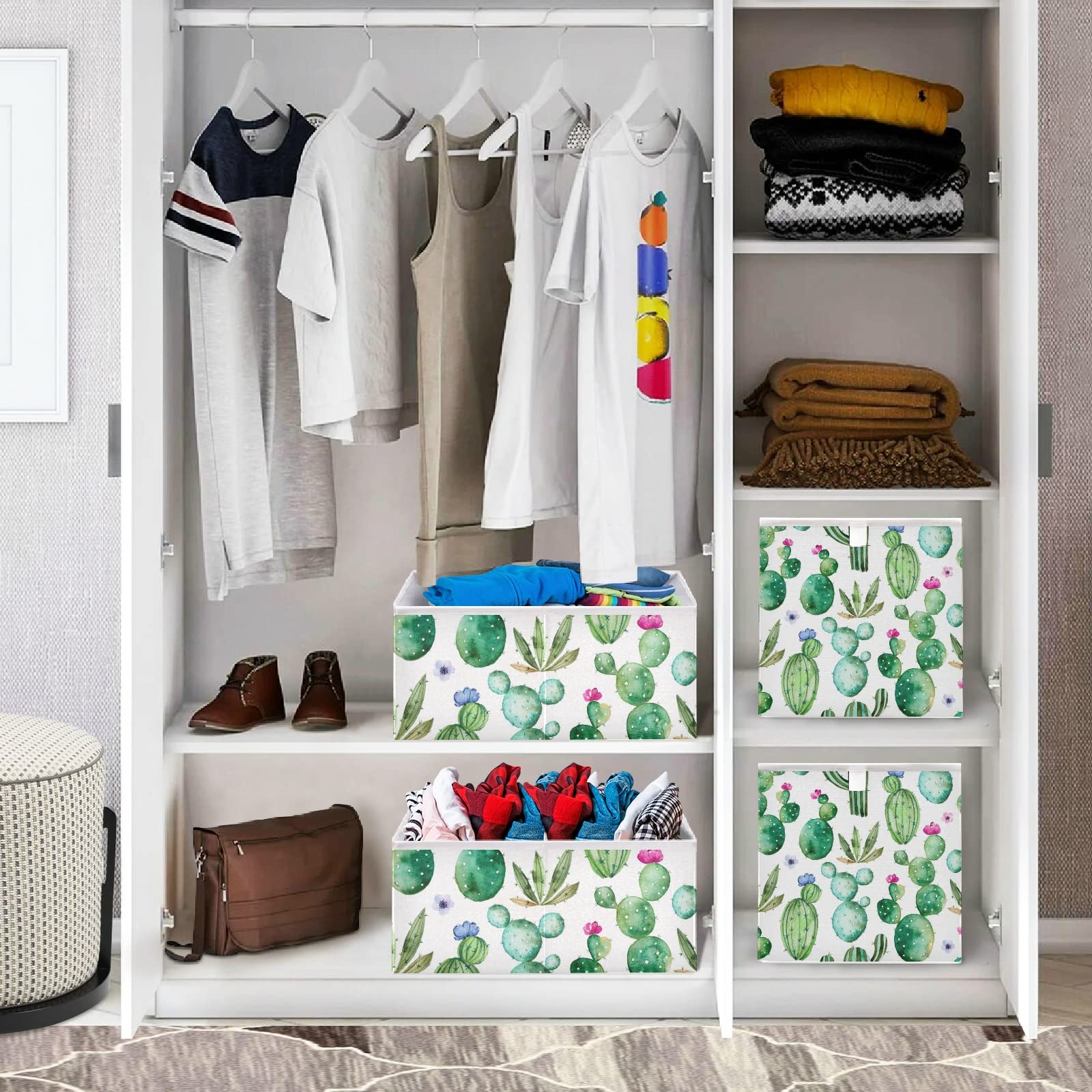 Cactus Succulent Floral Storage Baskets for Shelves Foldable Collapsible Storage Box Bins with Waterproof Fabric Closet Organizers for Pantry Clothes Storage Toys, Books, Home, Office,16 x 11inch