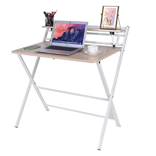 HX88 Folding Desk, Multipurpose Computer Office Desk with Shelf, Sturdy Wooden Table for Home Small Space (32x20x29in, Textured White)