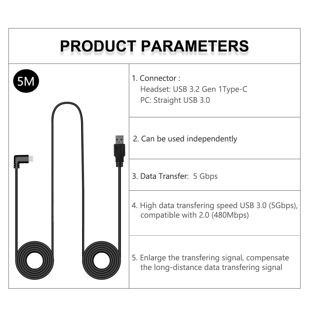 Orzero (1 Set) 5m, 16ft USB A-C Stable Cable Compatible for Pico 4, Quest 2, Quest Link Steam VR (Cable Only)