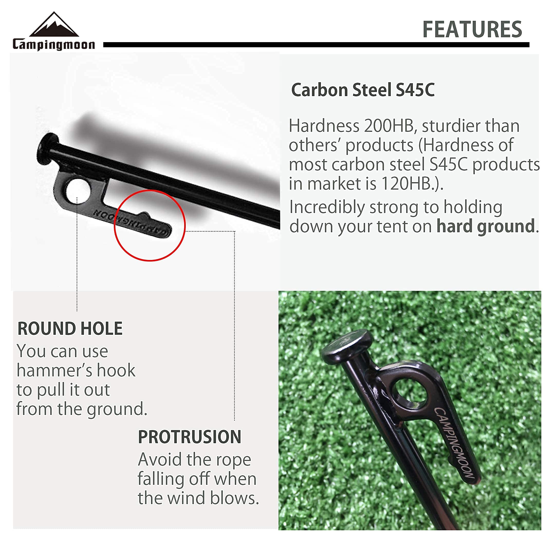 CAMPINGMOON 8pcs of 7.87-inch Carbon Steel S45C Black Coating Tent Stakes with Storage Bag