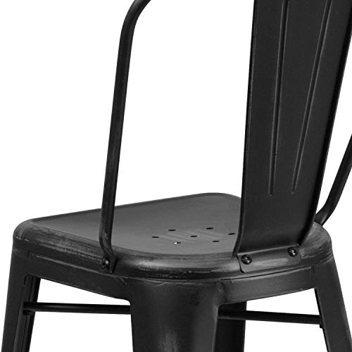 Flash Furniture Carly Commercial Grade 24" High Distressed Black Metal Indoor-Outdoor Counter Height Stool with Back