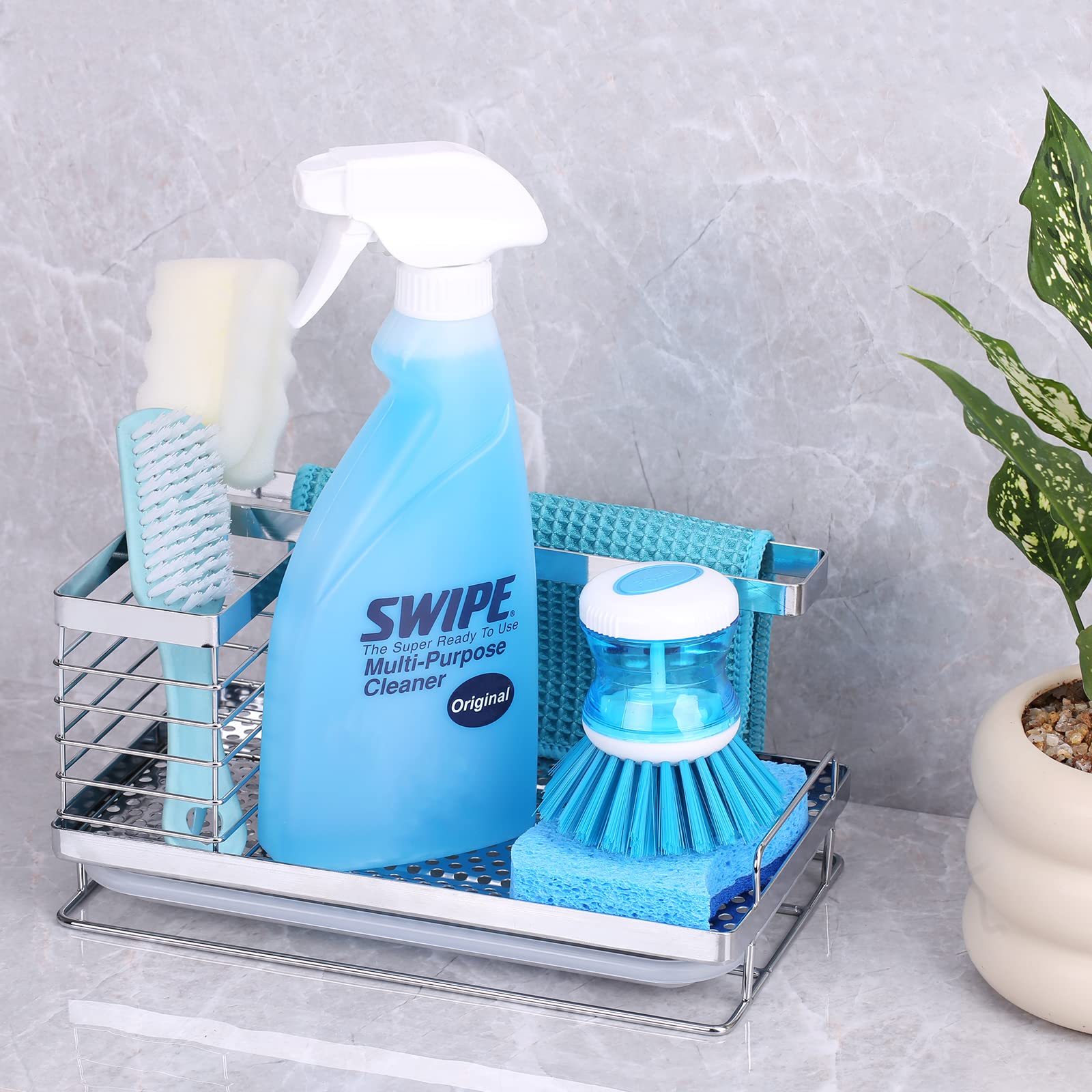 Cenekphy Kitchen Sink Caddy Organizer Rack Shelf Sponge Holder with Removable Drain Tray, Stainless Steel Rustproof Soap Dish Scrub Scrubber Brush Dispenser, Countertop Storage with 4 Sponges, Silver