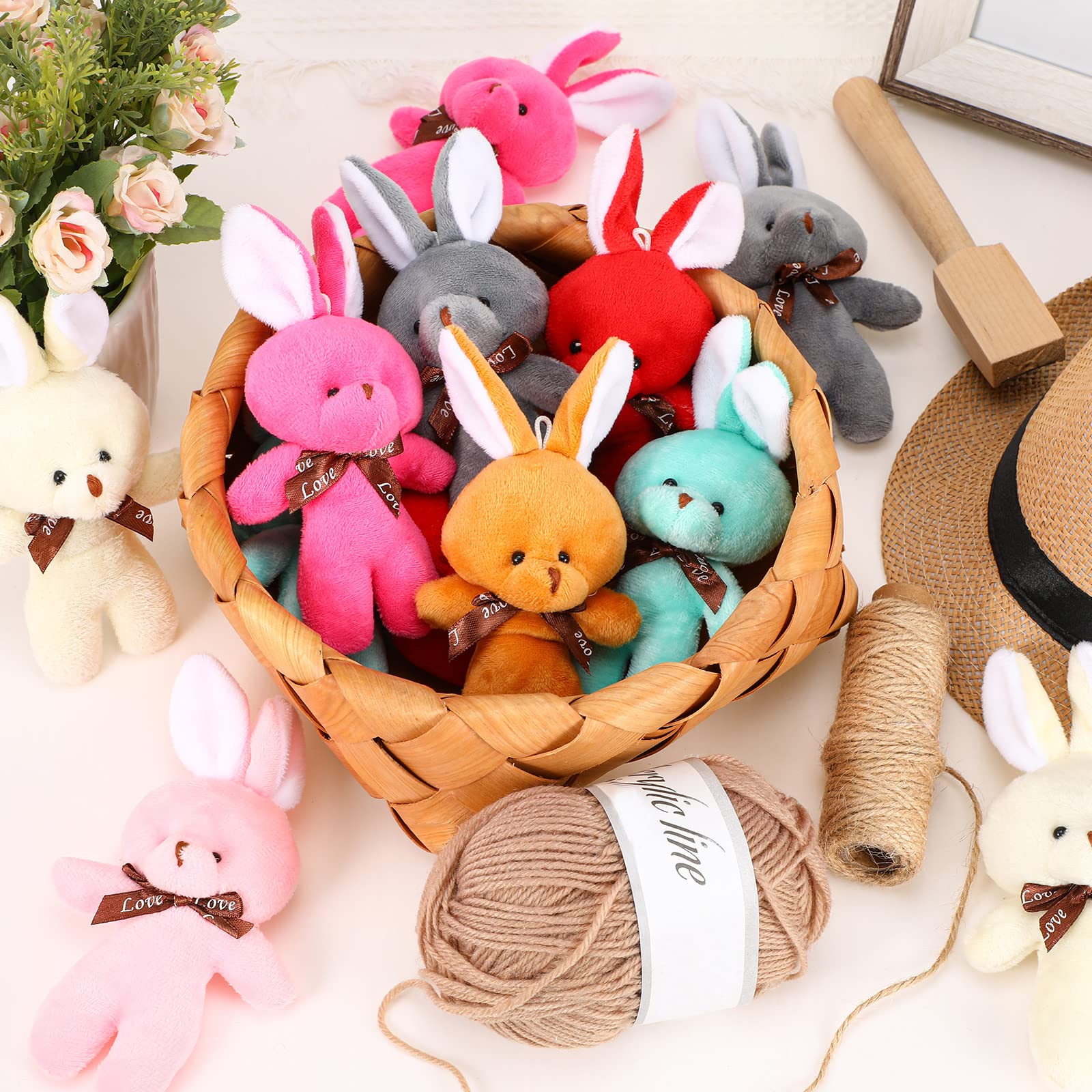 Skylety 21 Pieces Easter Bunny Stuffed Animal Bulk 6.3 Inch Mini Easter Bunny Plush 7 Colors Soft Tiny Plush Toys Small Rabbit Doll Keychain Cute Easter Birthday Party Decorations(Cute Style)