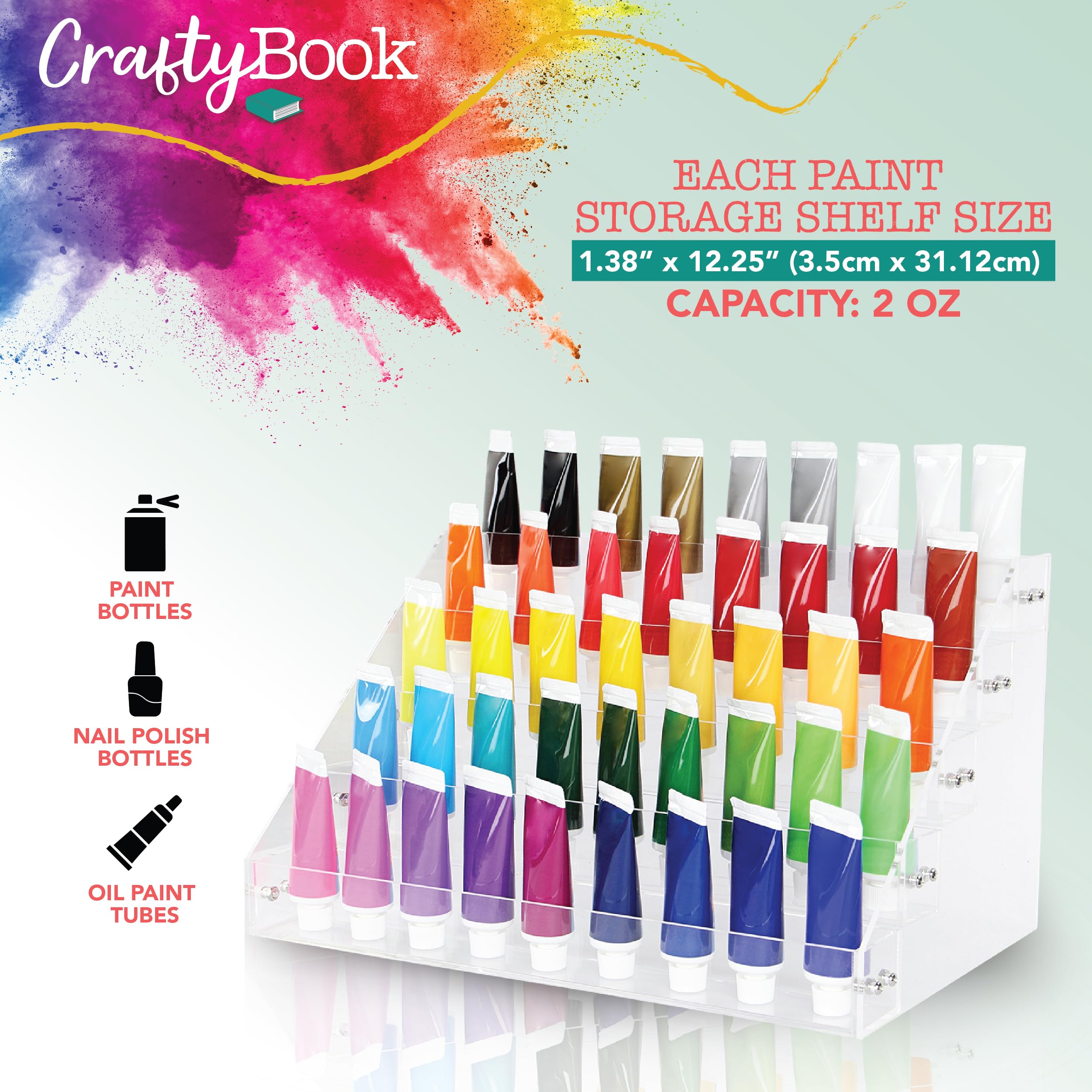 CraftyBook 5-Tiered Art Supply Storage Organizer with Paint Brush Holder - Clear Acrylic Tabletop Gel Polish Paint Storage Step Shelf - Acrylic Nail Polish Organizer Shelf for Hobby and Model Paint