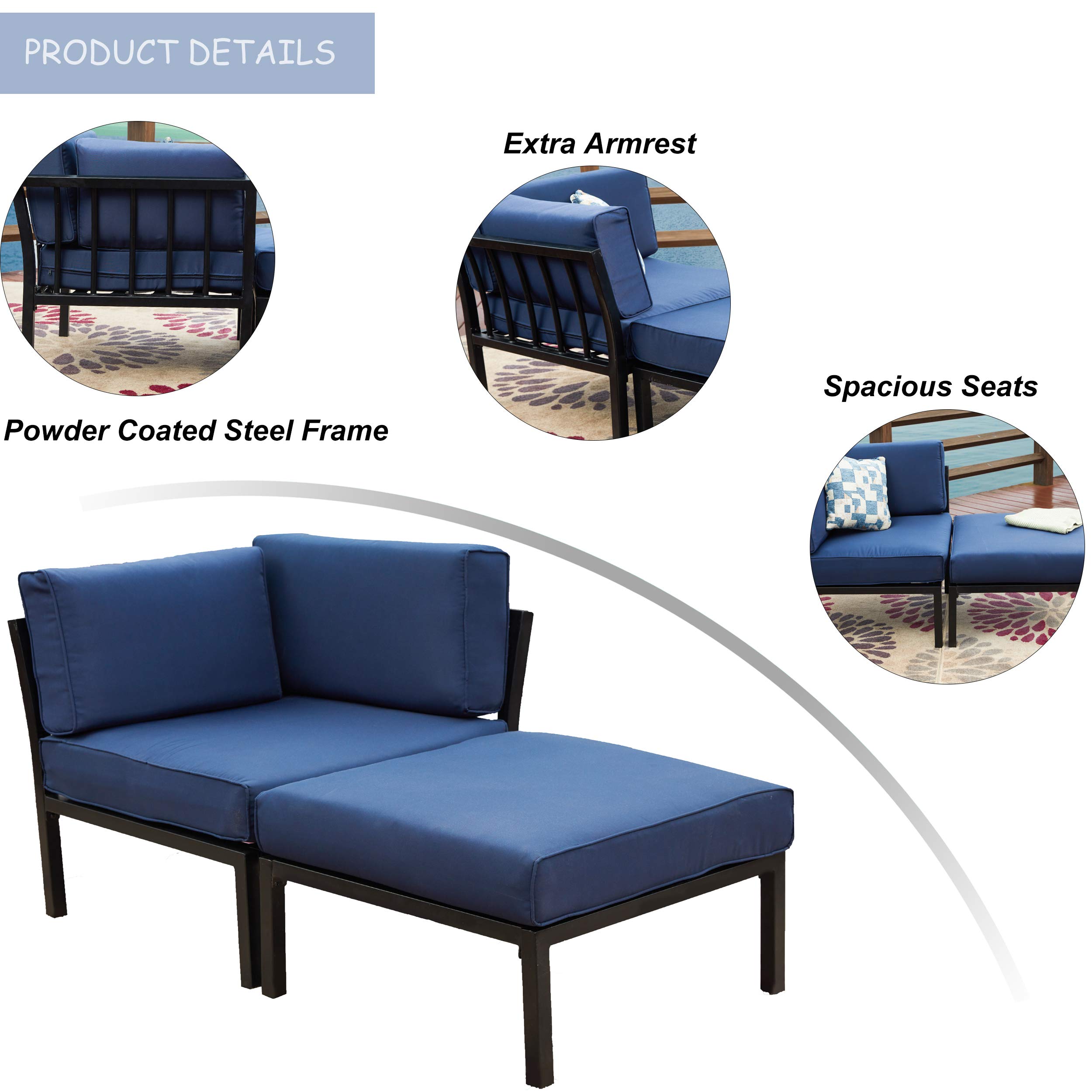 LOKATSE HOME 2 Piece Outdoor Patio Furniture Loveseat Couch with Corner Sofa and Metal Steel Frame Ottoman, Blue