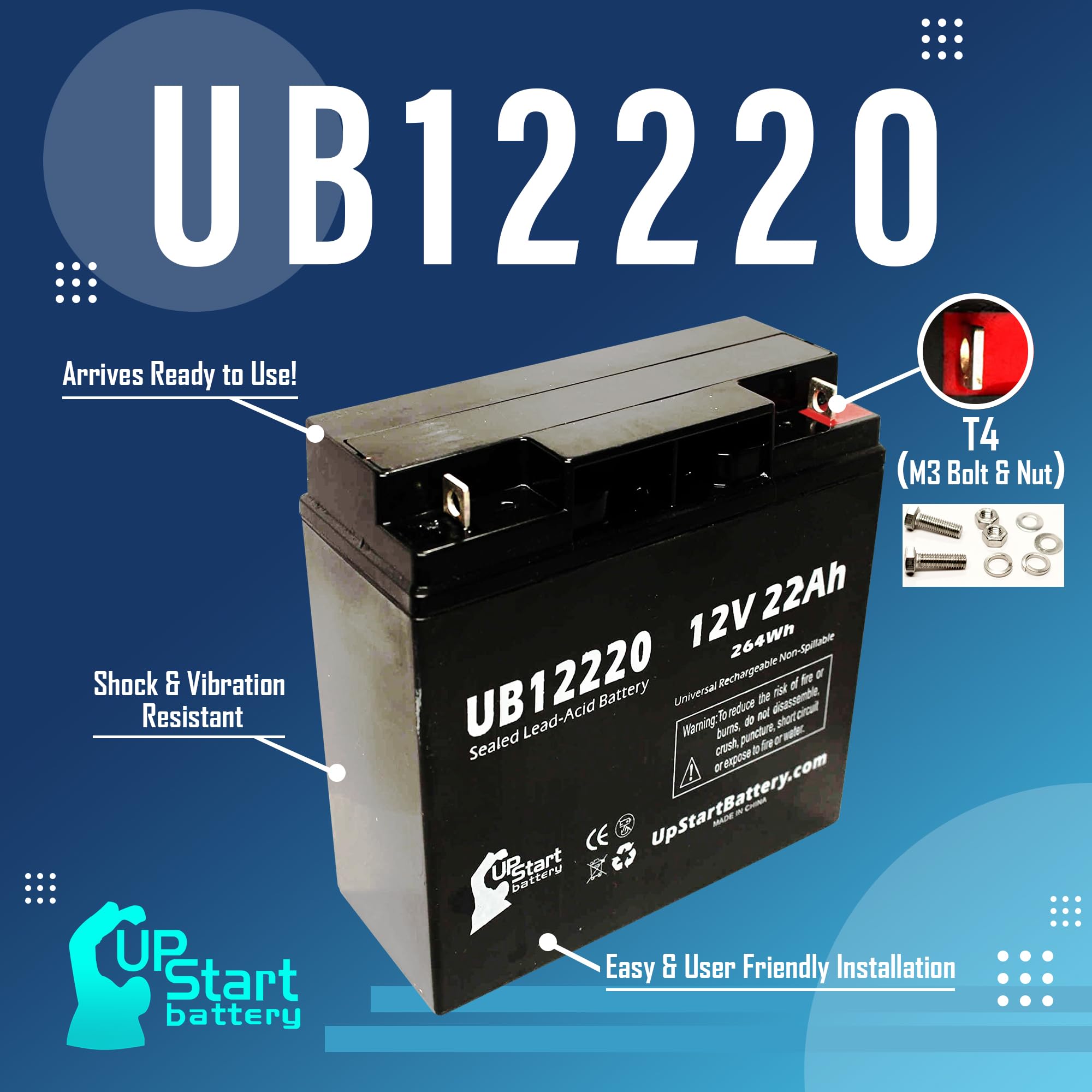 Replacement for SEALAKE FM12170 Battery - Replacement UB12220 Universal Sealed Lead Acid Battery (12V, 22Ah, 22000mAh, T4 Terminal, AGM, SLA)