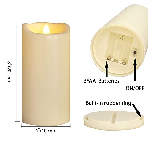 Outdoor Waterproof Large Flameless LED Candles with Remote Timer Battery Operated Plastic Big Pillar Candles for Garden Patio Home Wedding Party Decorations Flickering Electric Lights 4”x8” 2 Pack