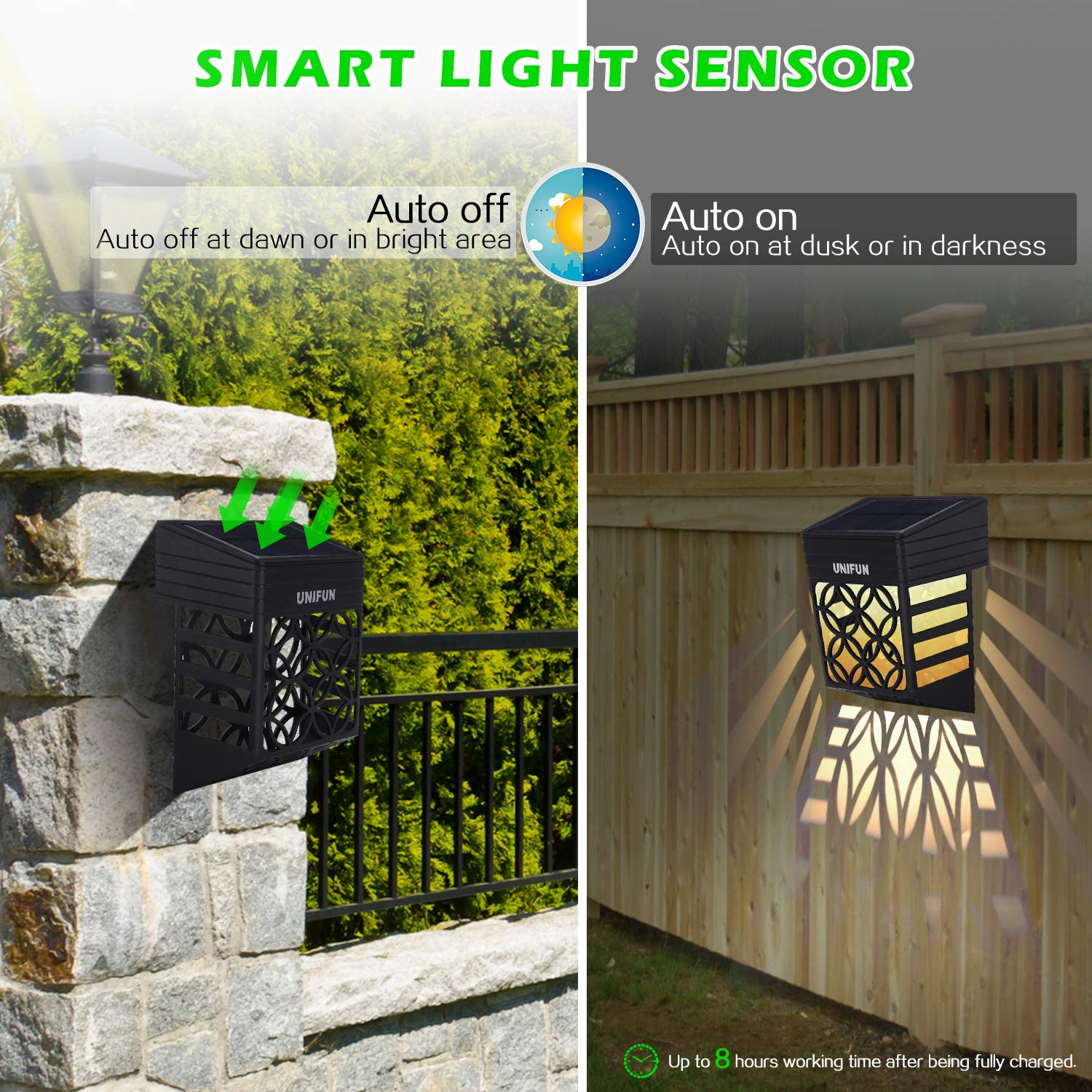 UNIFUN Solar Fence Lights, Solar Decorative Garden Lights, Waterproof Wireless Outdoor Lights for Garden, Fence, Patio Use (8Pack)
