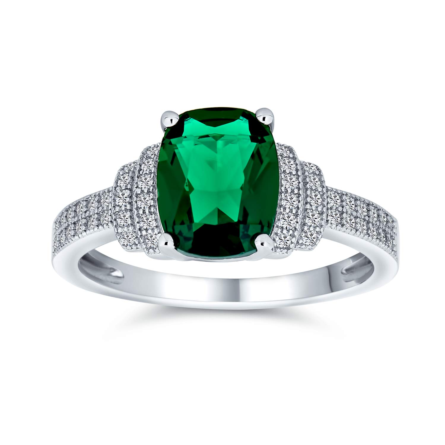 Bling Jewelry Art Deco Style 5CT Cubic Zirconia CZ Cocktail Pave Rectangle Green Simulated Emerald Cut Statement Engagement Ring For Women .925 Sterling Silver