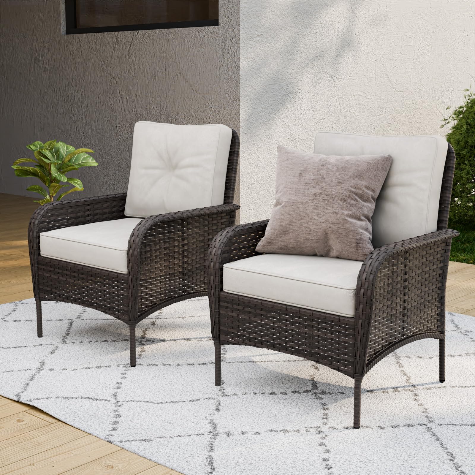 COOS BAY 2-Piece Outdoor Wicker Patio Chair, 2pc PE Rattan Dining Chairs for Garden, Lawn, Deck, Backyard, Beige/Brown