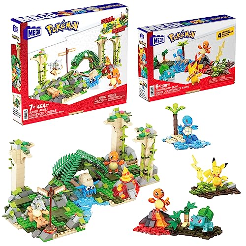 Bundle of MEGA Pokémon Jungle Ruins, Cubone Charmander Omanyte, with 464 Pieces + MEGA Pokémon Kanto Region Team with 130 Pieces, 4 Poseable Characters