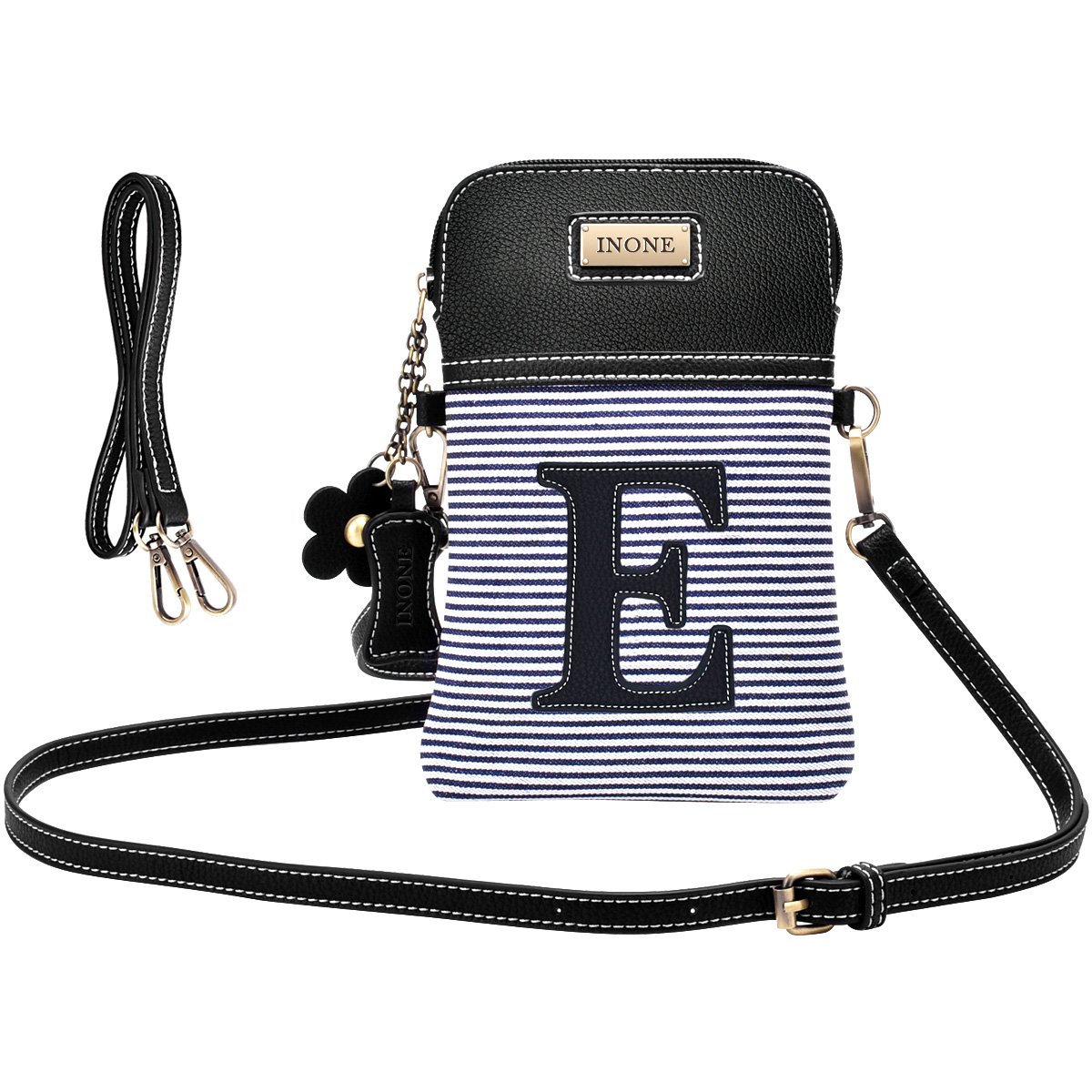 inOne Crossbody Bag Cell Phone Purse - Women PU Leather Handbag with Black and White Stripe Canvas Adjustable Straps - Monogram - Letter S