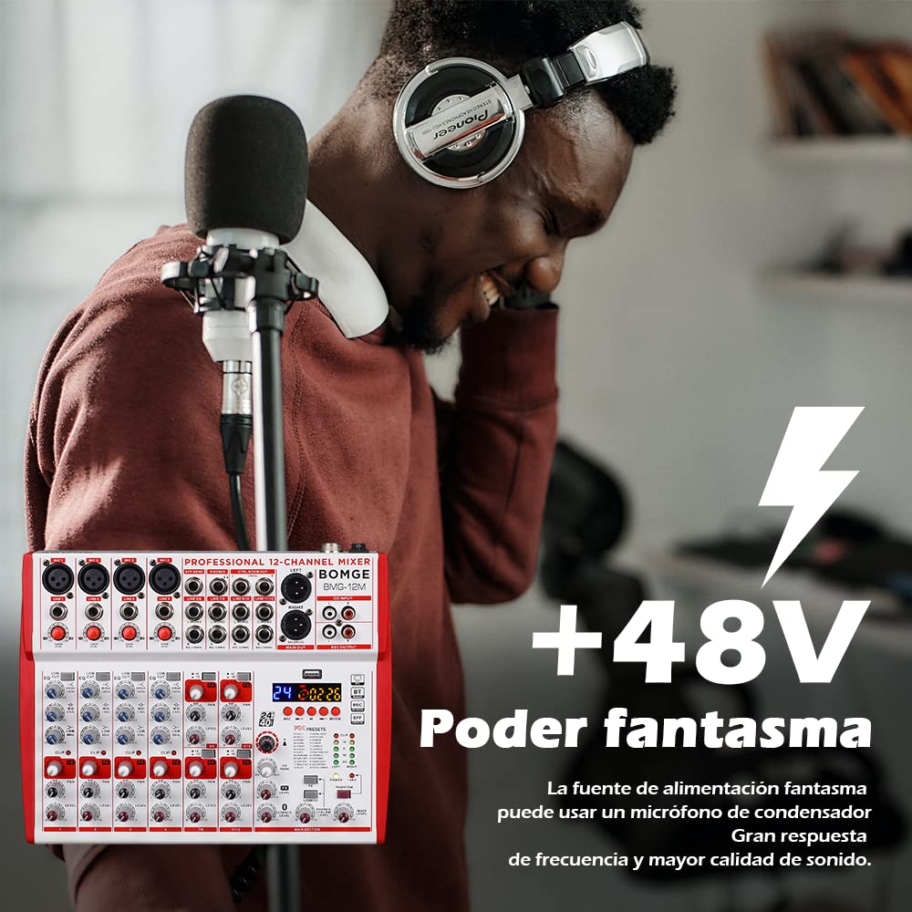 BOMGE 10-Input sound board Mixer with Mic Preamps and Compressors, 24DSP, bluetooth,48V Power,British EQ and USB/Audio Interface fro recording, karaoke and podcast. (10M-10 Channel)