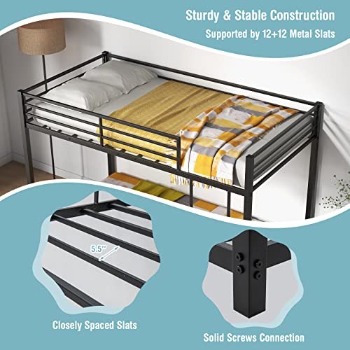 KOMFOTT Metal Low Bunk Bed Twin Over Twin, Heavy Duty Bunk Bed Frame with Ladder & Full-Length Guardrails, Metal Slatted Floor Bed Frame for Teens & Adults, No Box Spring Needed (Black)