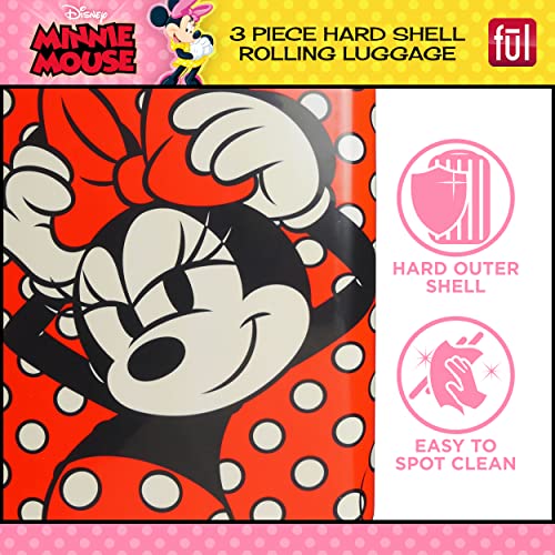 FUL Disney Minnie Mouse 3 Piece Set Rolling Luggage, Polka Dot Printed Hardshell Suitcase with Wheels, 21, 25 and 29 Inch, Red (FCFL0153-603)