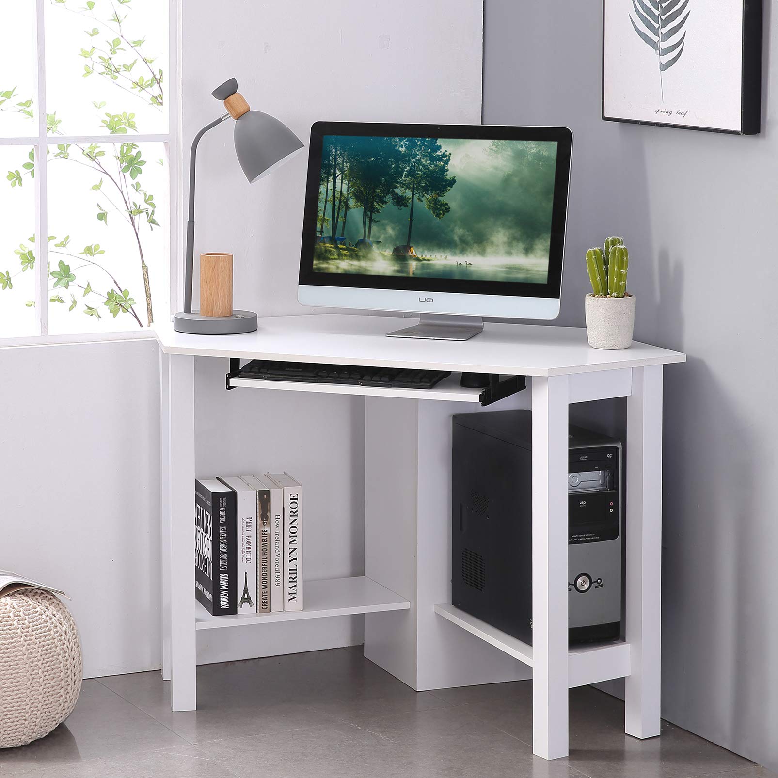 Corner Desk Writing and Study Corner Computer Desk with Keyboard Tray Storage Shelves,Wooden Compact Home Office Desk,47 inch, White