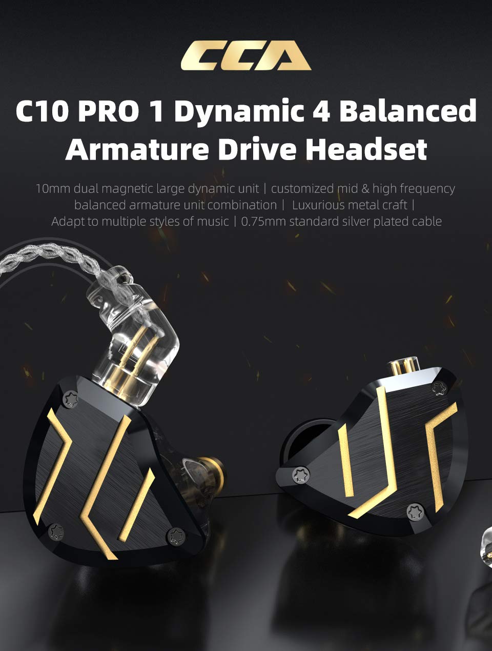 CCA C10 Five Drivers Hybrid in Ear Monitors in Each Side，HiFi 4BA 1DD High Resolution Earphones/Earbuds with 3.5mm Gold Plated Plug Detachable Cable 2pin 0.75mm Wired Earbuds (with Mic, C10pro Black)
