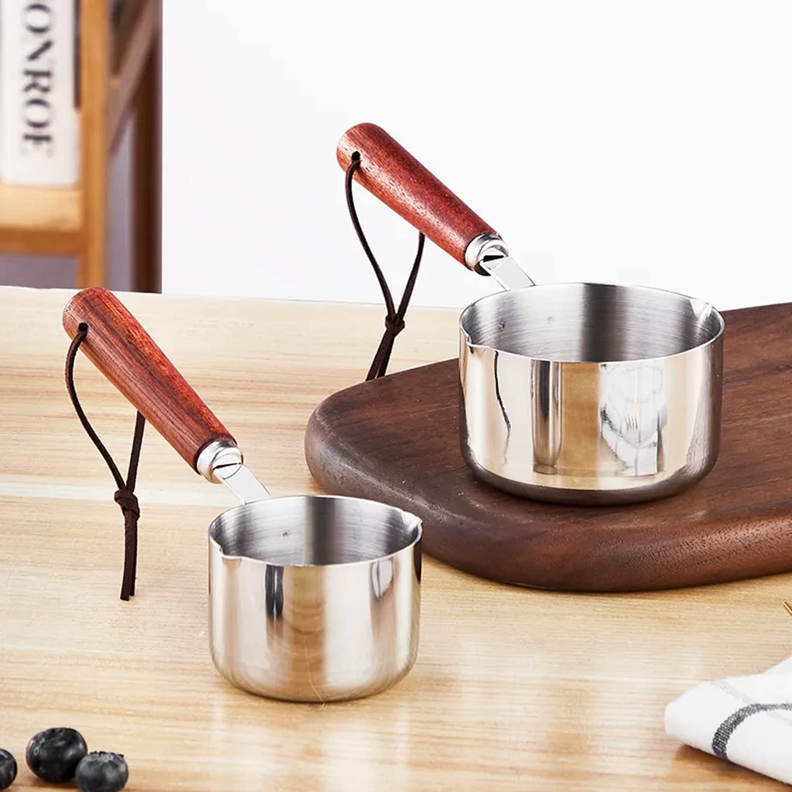 Butter warmer, Stainless Steel Turkish Coffee Pot, Milk Warmer, Chocolate Melting Pot, Small Saucepan with Heat Resistand Wooden Handle and Dual Pour Spout(8.45OZ/ 250ML)