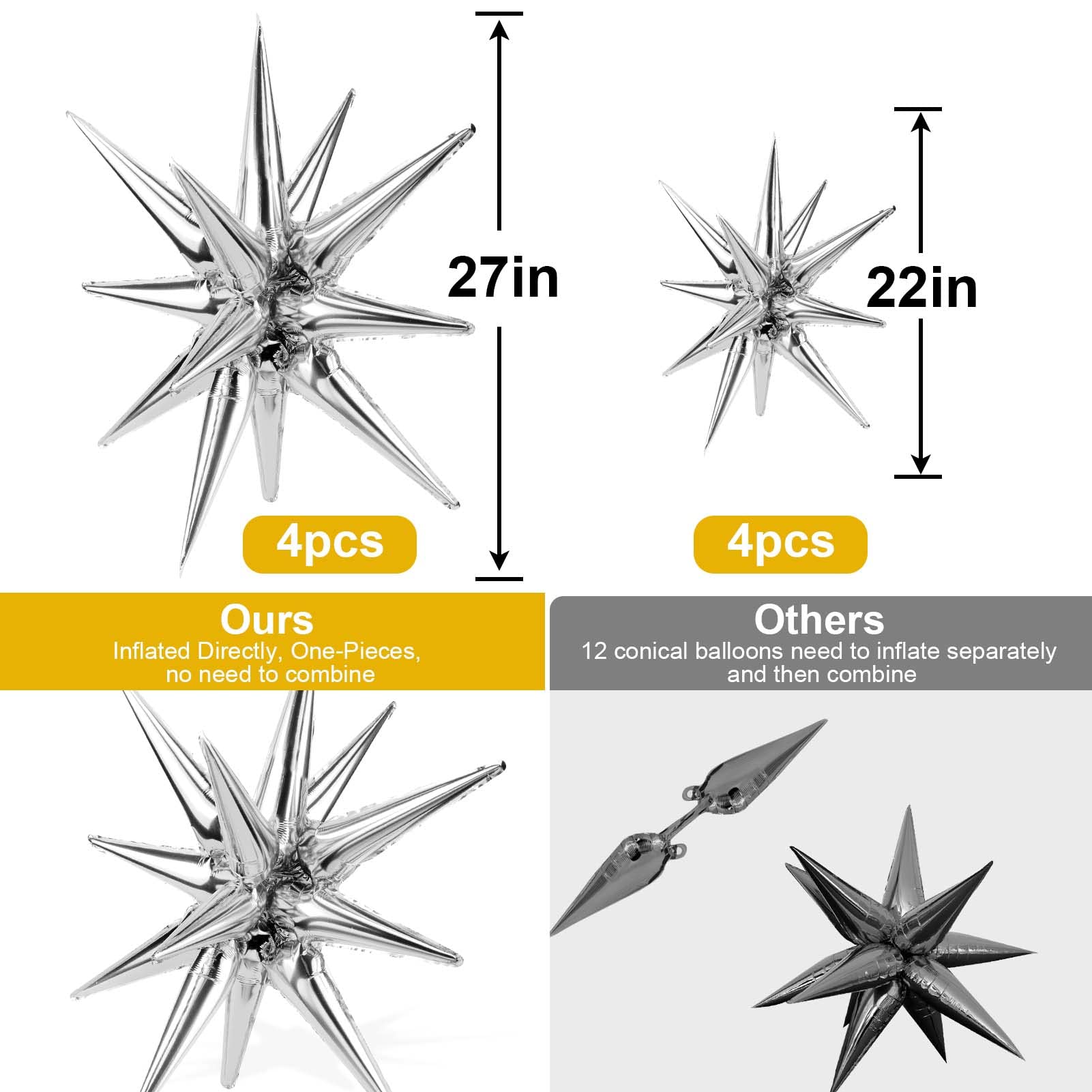 Cadeya 8 Pcs Star Balloons, Huge Silver Explosion Star Aluminum Foil Balloons for Birthday, Baby Shower, Wedding, Bachelorette Party, Disco Party Decorations Supplies
