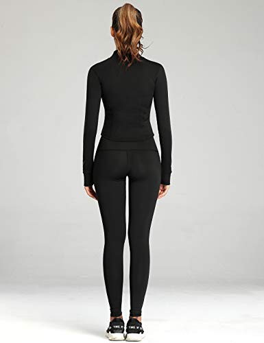 Gacaky Women's Athletic Jacket Lightweight Full Zip Up Yoga Jacket Cropped Workout Slim Fit Tops with Thumb Holes Black M