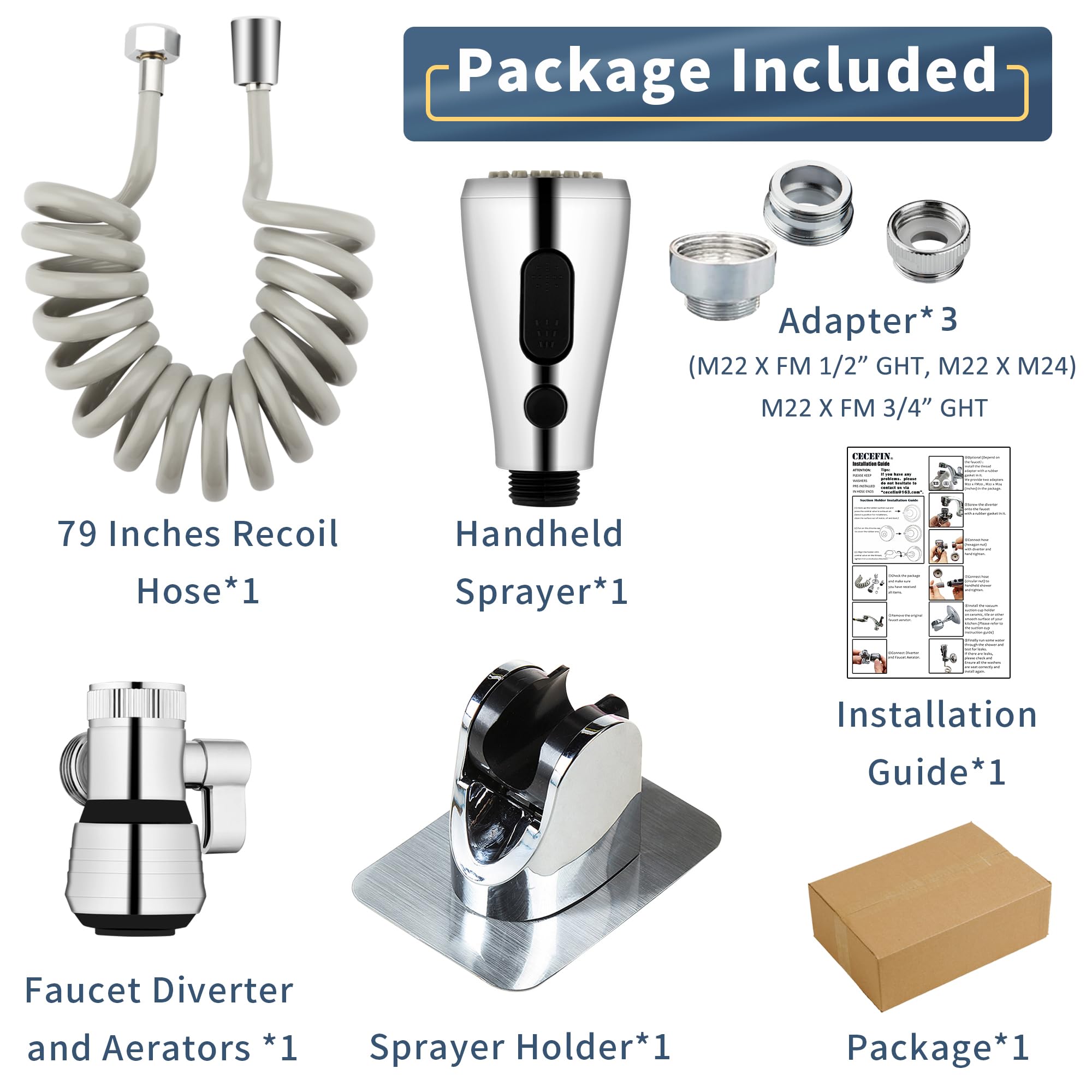 CECEFIN Kitchen Sink Sprayer, Faucet Spray Head Replacement with 79” Recoil Hose and Holder, Pressurized Water Saving Faucet Aerator & Diverter Valve, Faucet Sprayer Attachment Set