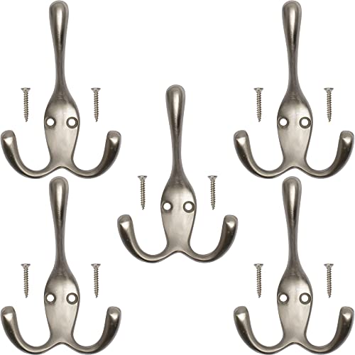 Neighbours Lane Towel Hooks for Bathroom Wall Mounted - Satin Nickel Three Prong Wall Hooks for Hanging Coats, Clothes, Bags, Hats, Towels, & More - Pack of 5 Medium-Sized Robe Hooks