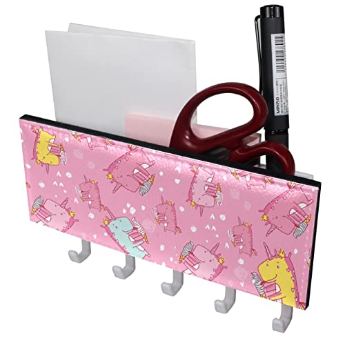 Cute Pink Unicorn Eatting Ice Cream Pattern Rack Organizer with 5 Hooks Wall Bathroom Kitchen Shelf Rack Multifunctional Storage Shelf