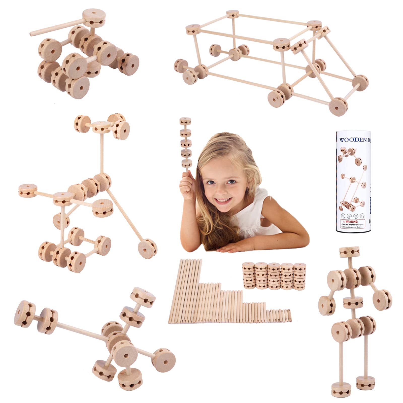 OUJILA Wooden Building Blocks for Kids Ages 4-8, STEM Preschool Learning Toys for Children, Educational Creative Construction Gift for Boys and Girls, 60 Pcs