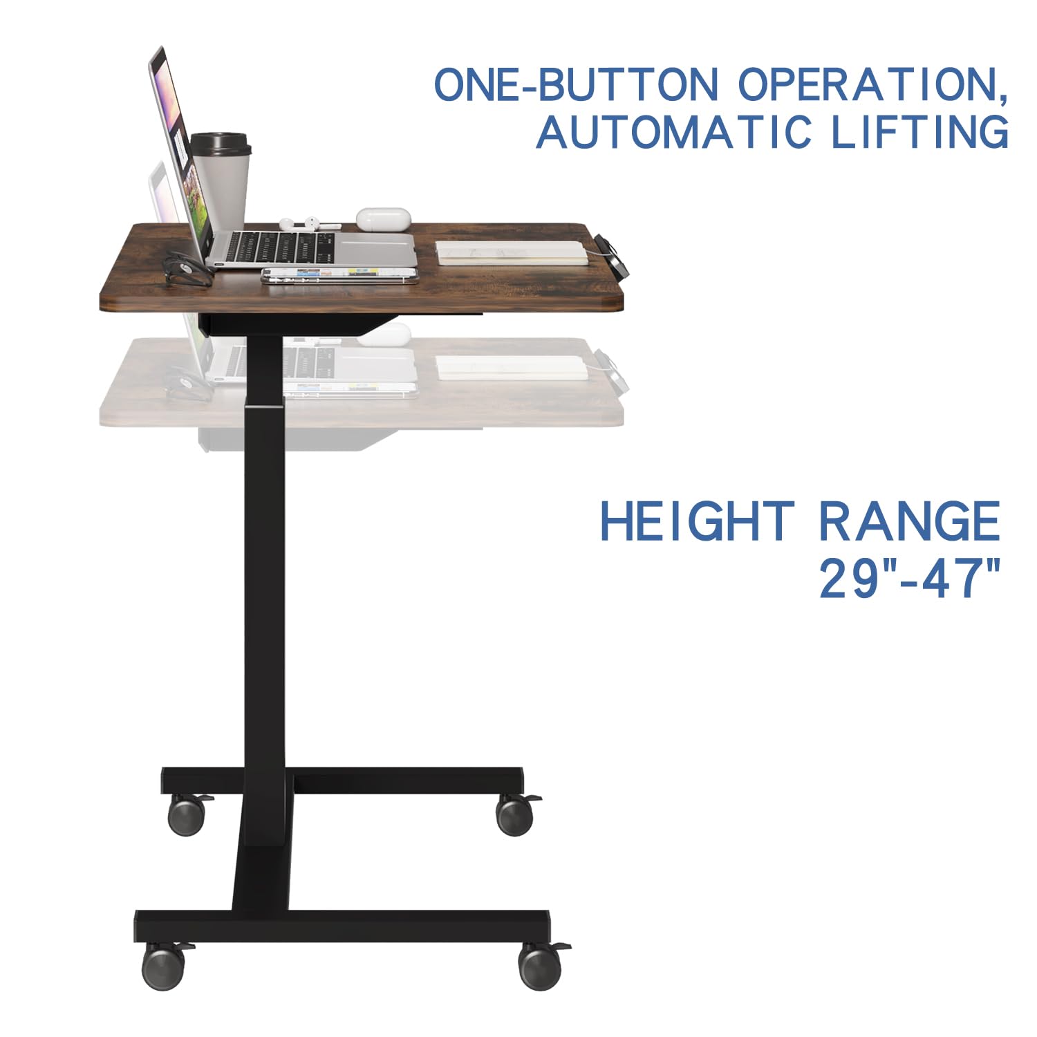 BilBil Electric Standing Desks with Lockable Wheels, 32*24 inch Height Adjustable Sit to Stand Desk, Overbed Laptop Table Desk, Mobile Rolling Desk, Portable Work Table for Home & Office, Rustic Brown
