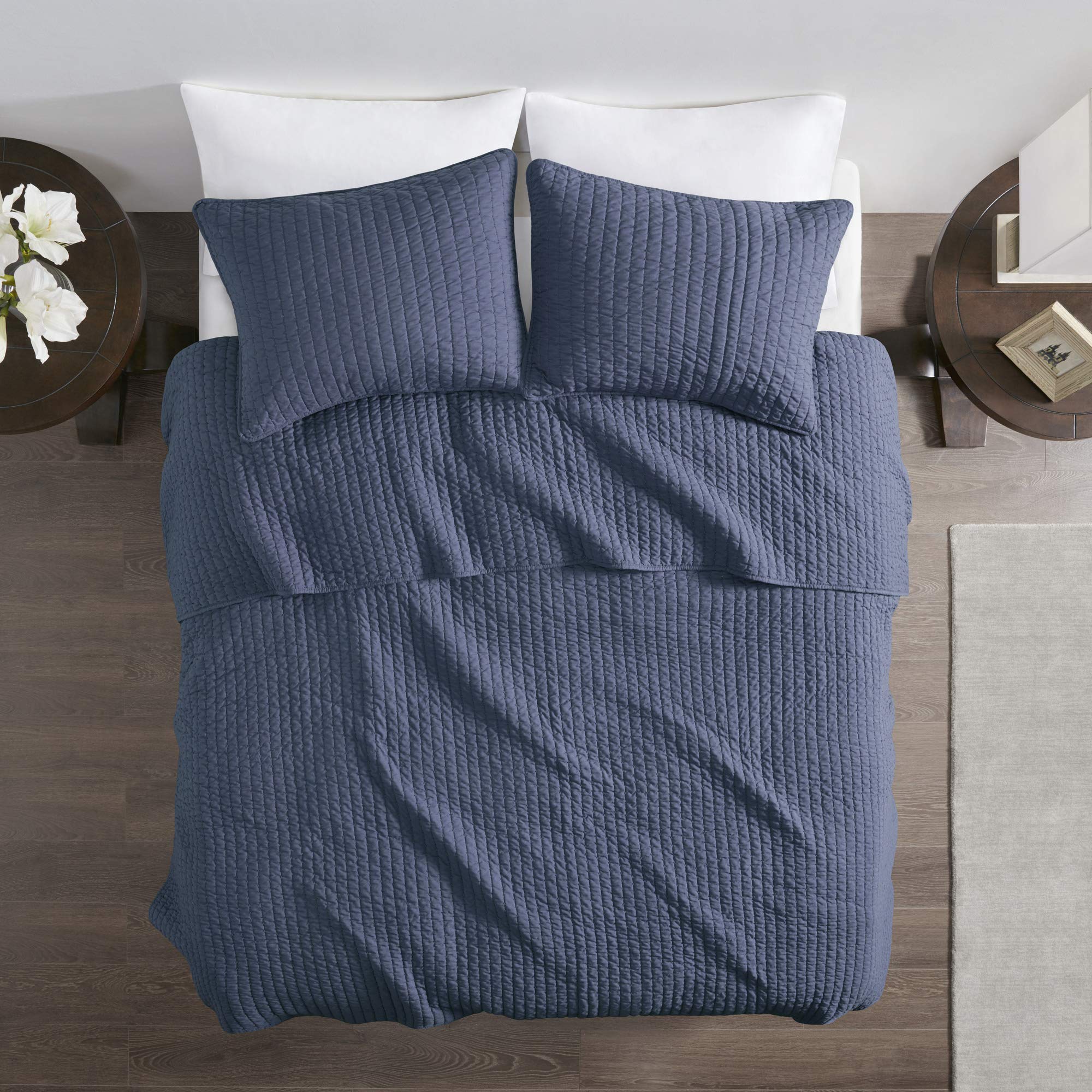 Madison Park Keaton Quilt Set-Casual Channel Stitching Design All Season, Lightweight Coverlet Bedspread Bedding, Shams, King/Cal King(104"x94"), Stripe Navy, 3 Piece