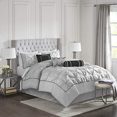 Madison Park Laurel Cozy Comforter Set - Traditional Tufted Faux Silk Design, All Season Down Alternative Bedding with Matching Shams, Decorative Pillow, Grey Queen(90"x90") 7 Piece